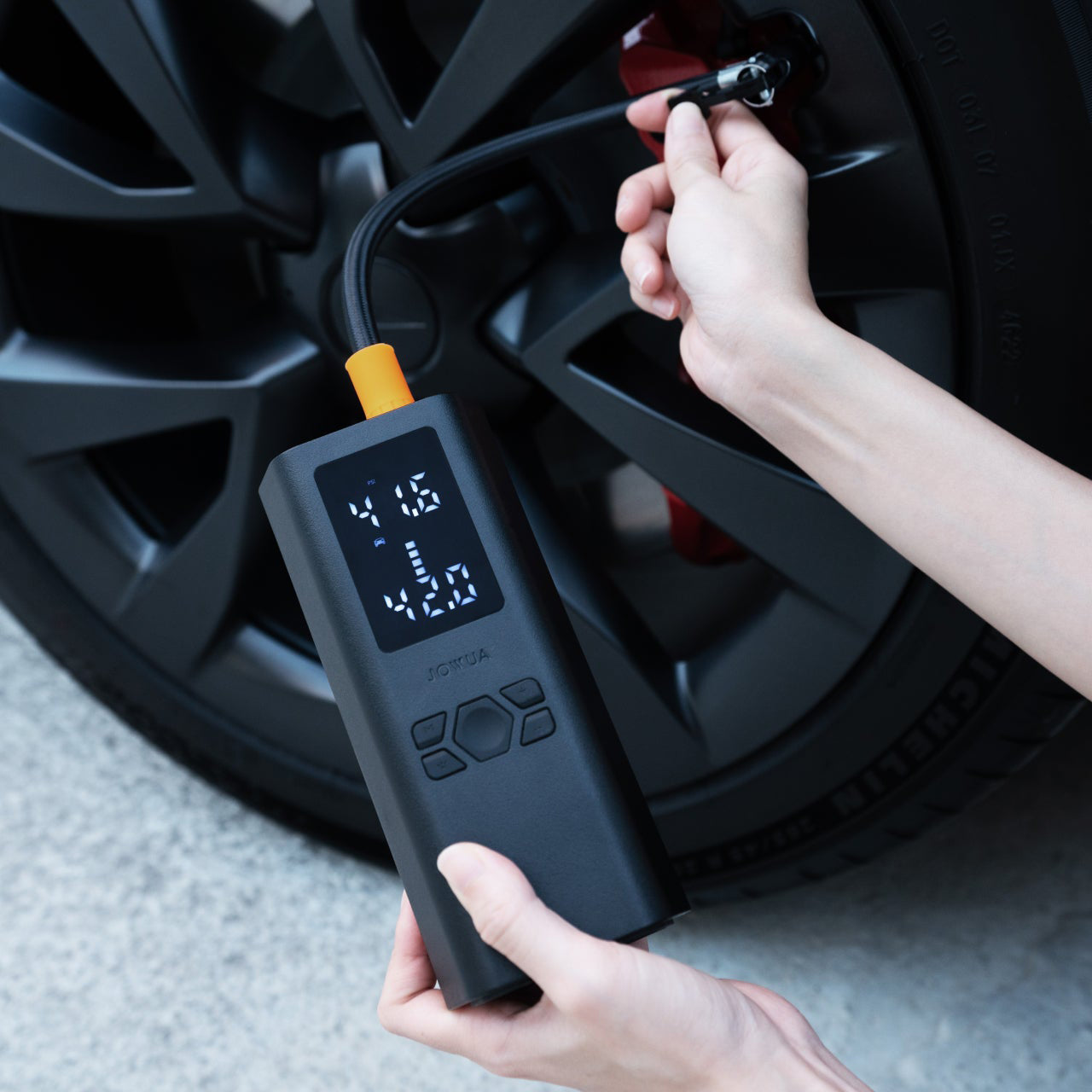 Portable Air Compressor for Tesla & Tire Valve Caps Combo - Jowua